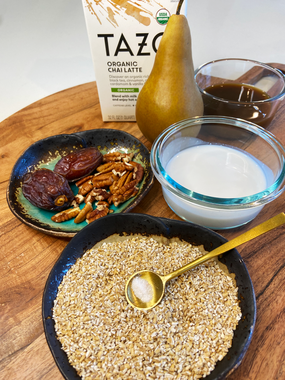 Chai Latte Steel Cut Oats with pecans and pear - Olive You So Matcha