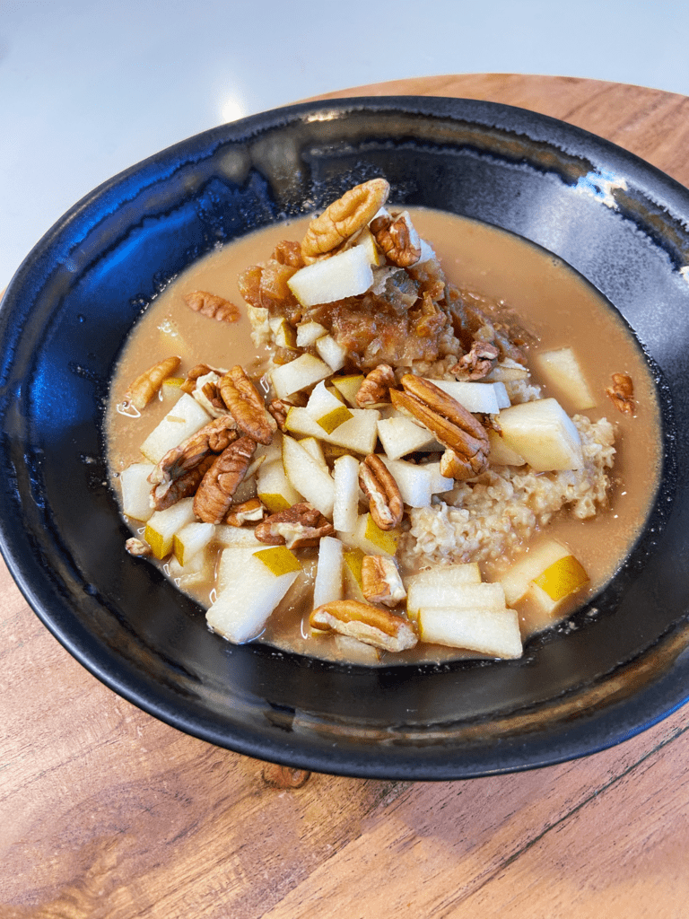 Chai Latte Steel Cut Oats with pecans and pear - Olive You So Matcha